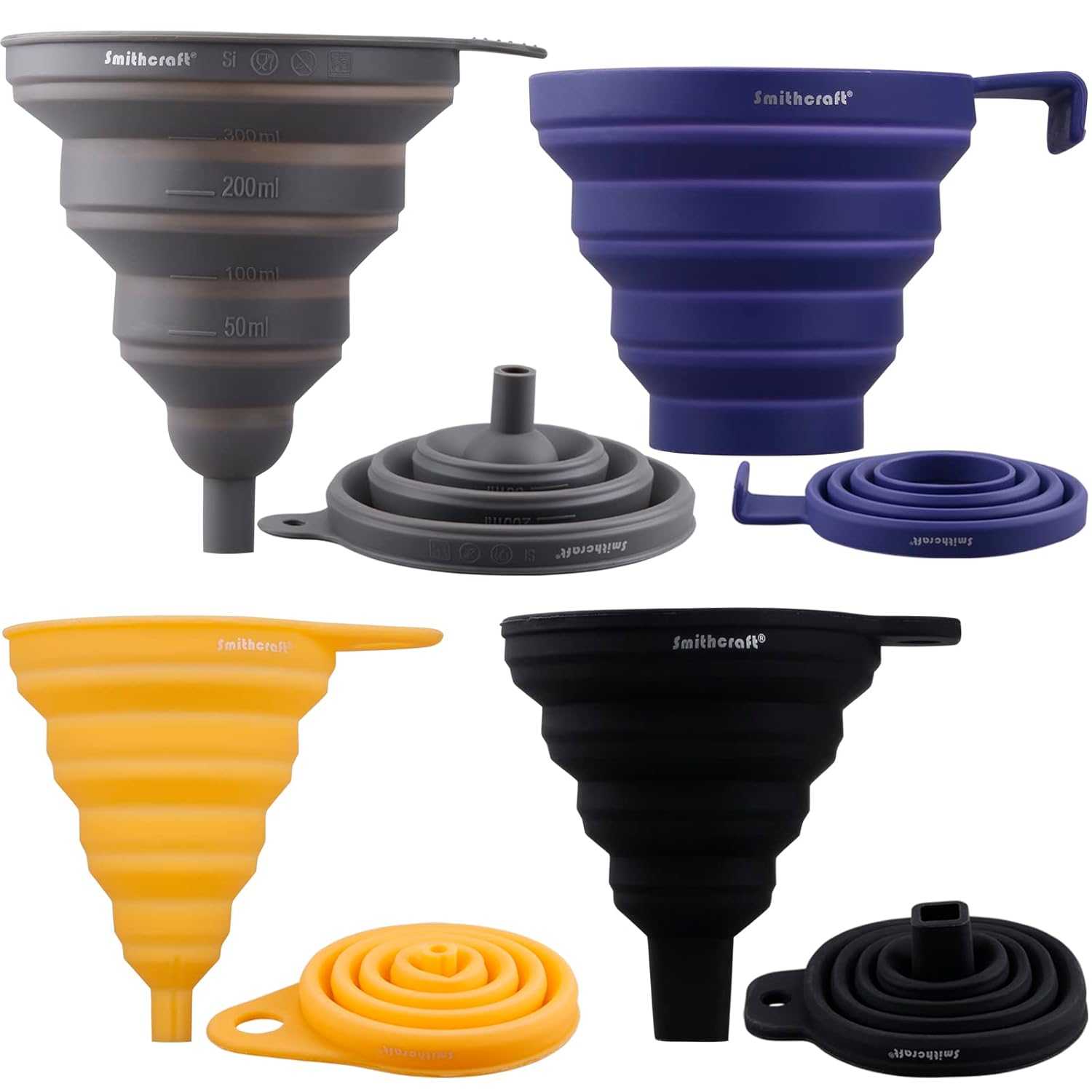Smithcraft Funnel Set 4, Silicone Funnels for Kitchen, Collapsible Fun ...