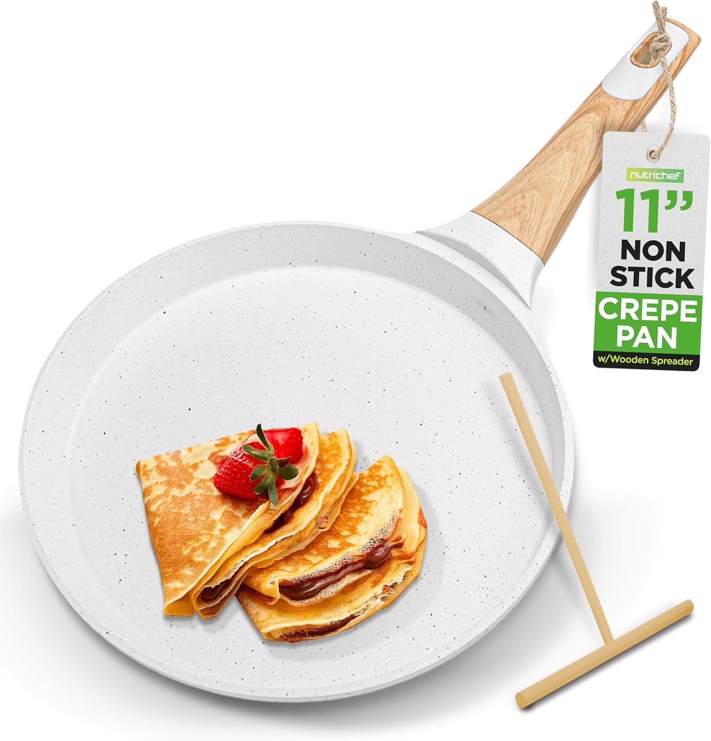 NutriChef 11” Non-Stick Crepe Pan with Wooden Spreader, Durable Marble ...